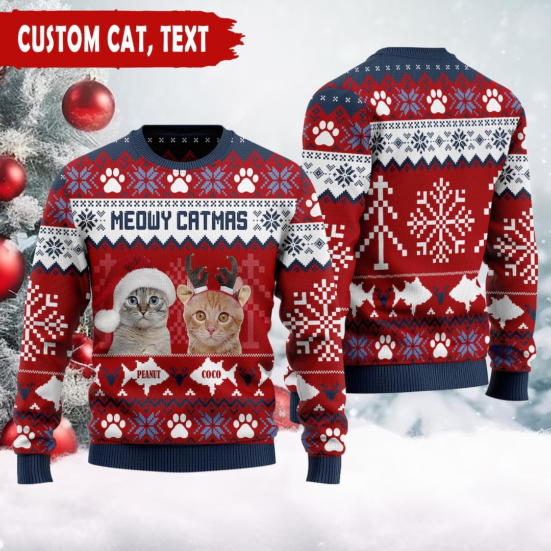 Personalized Meowy Catmas Funny Cartoon Cats Unisex Ugly Sweater ...