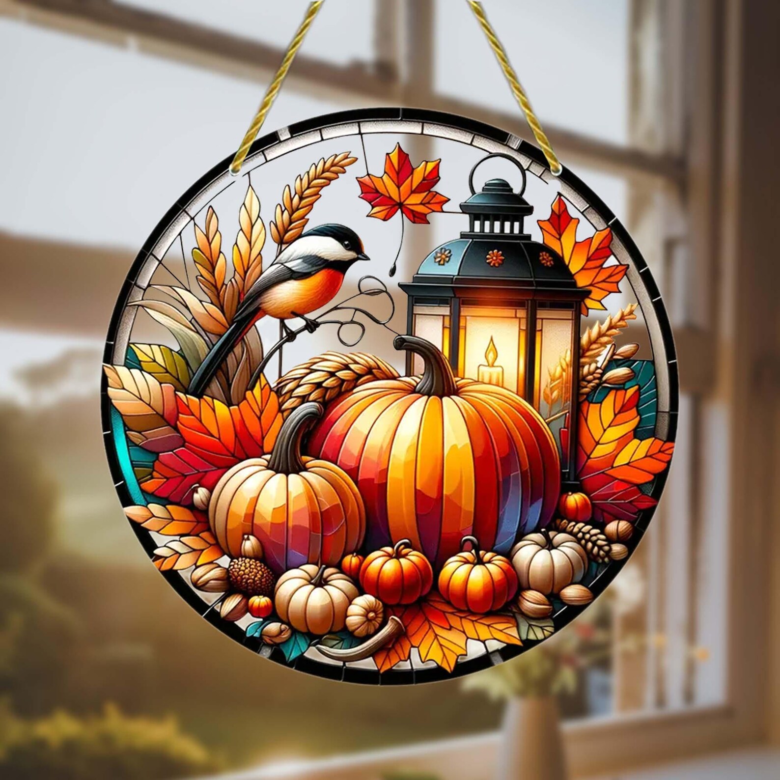 Fall Pumpkin Lantern Decor Window Suncatcher, Fall Vibes Window Hanging ...