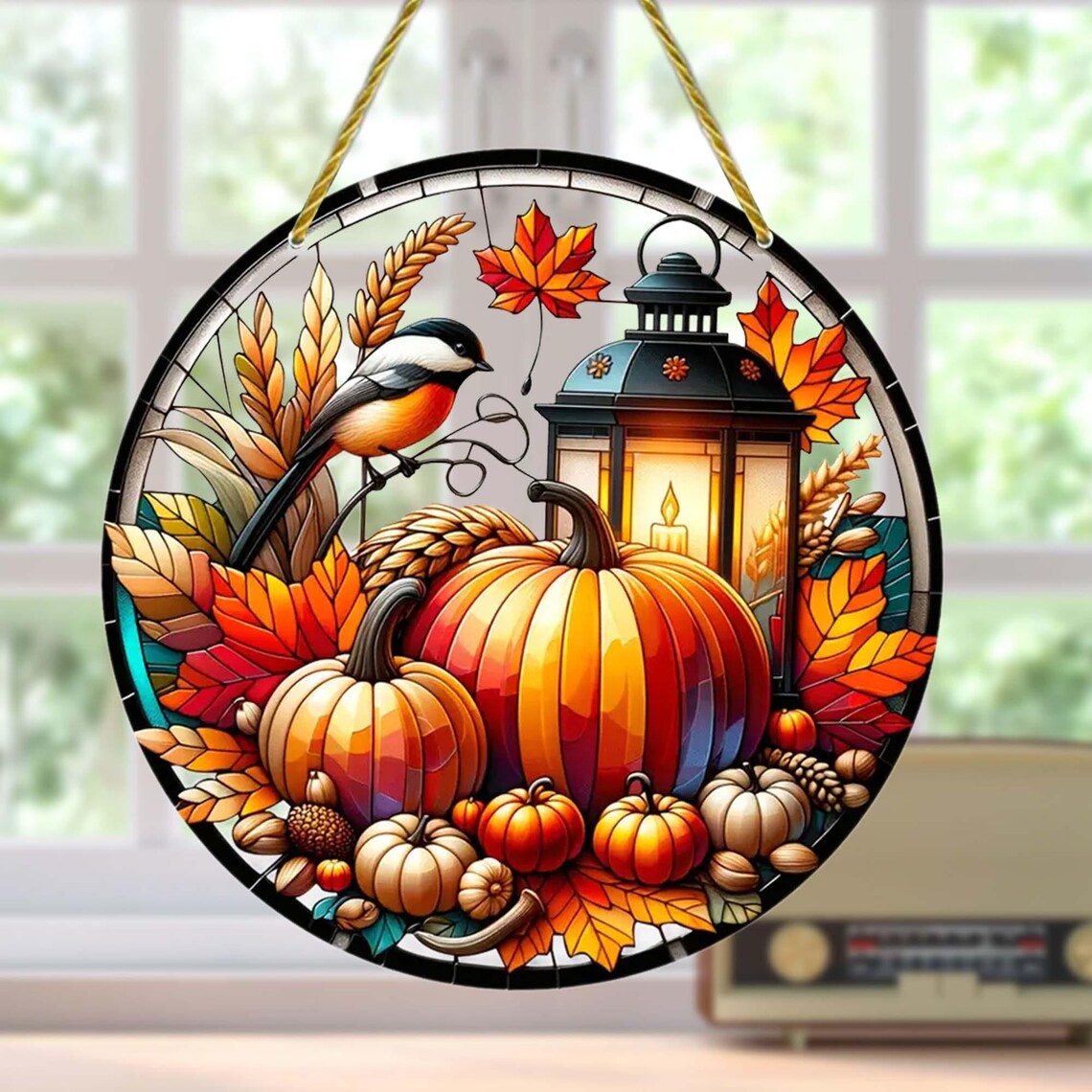 Fall Pumpkin Lantern Decor Window Suncatcher, Fall Vibes Window Hanging ...