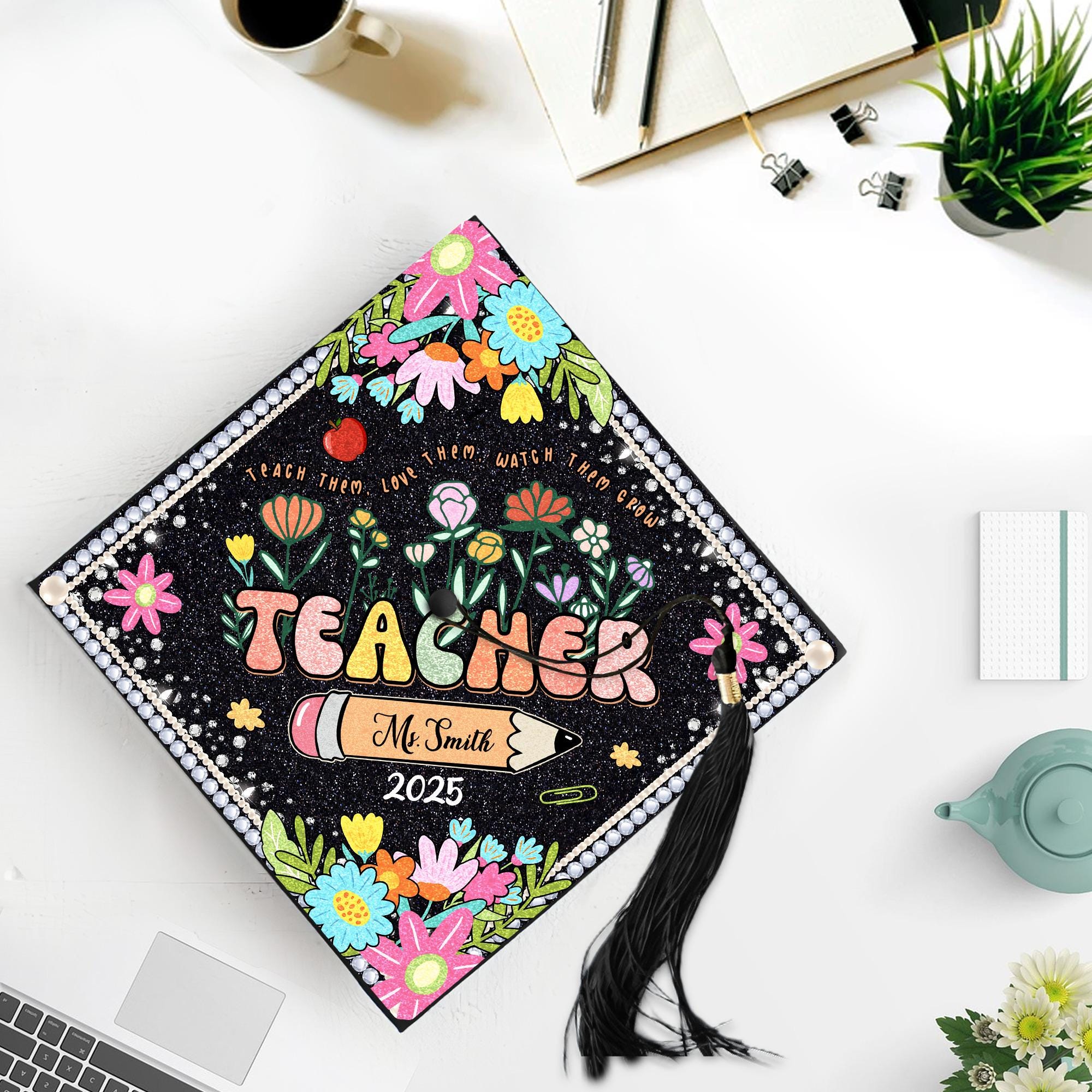 Custom Teacher Graduation Cap Topper 2026, Glitter Teacher Cap Topper ...