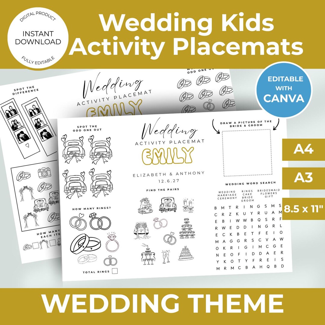 Personalized Wedding Kids Activity Placemat: Editable Canva Template ...