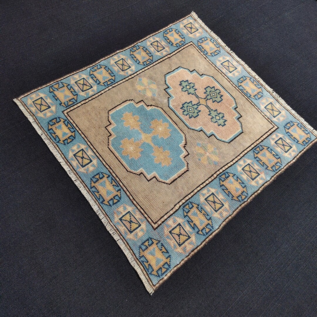 3x3 Square Vintage Rug,beige Blue Square Carpet 3x3,turkish Handmade ...
