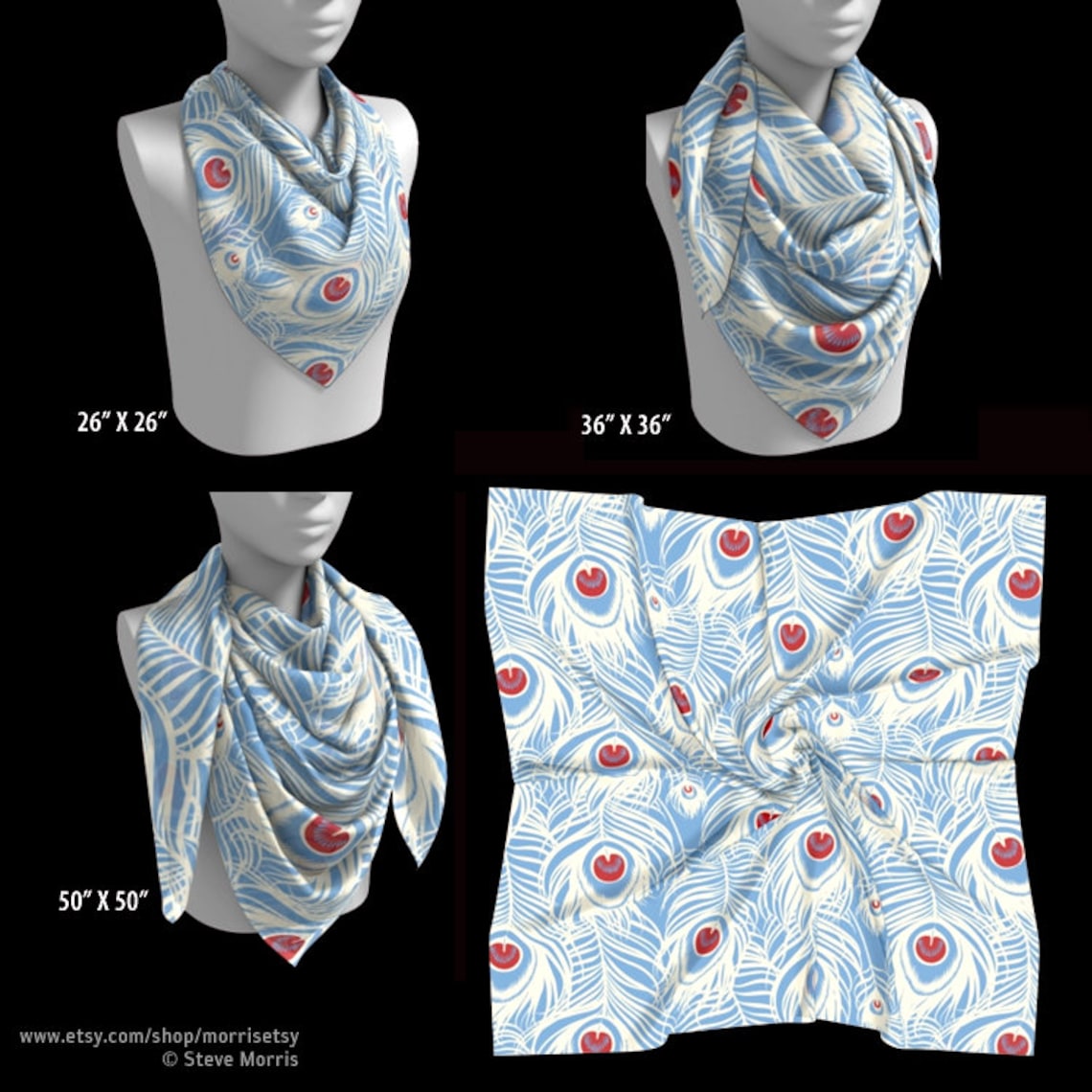 Peacock Feather Scarf, Feather Pattern Art Scarf, Blue and White Neck ...