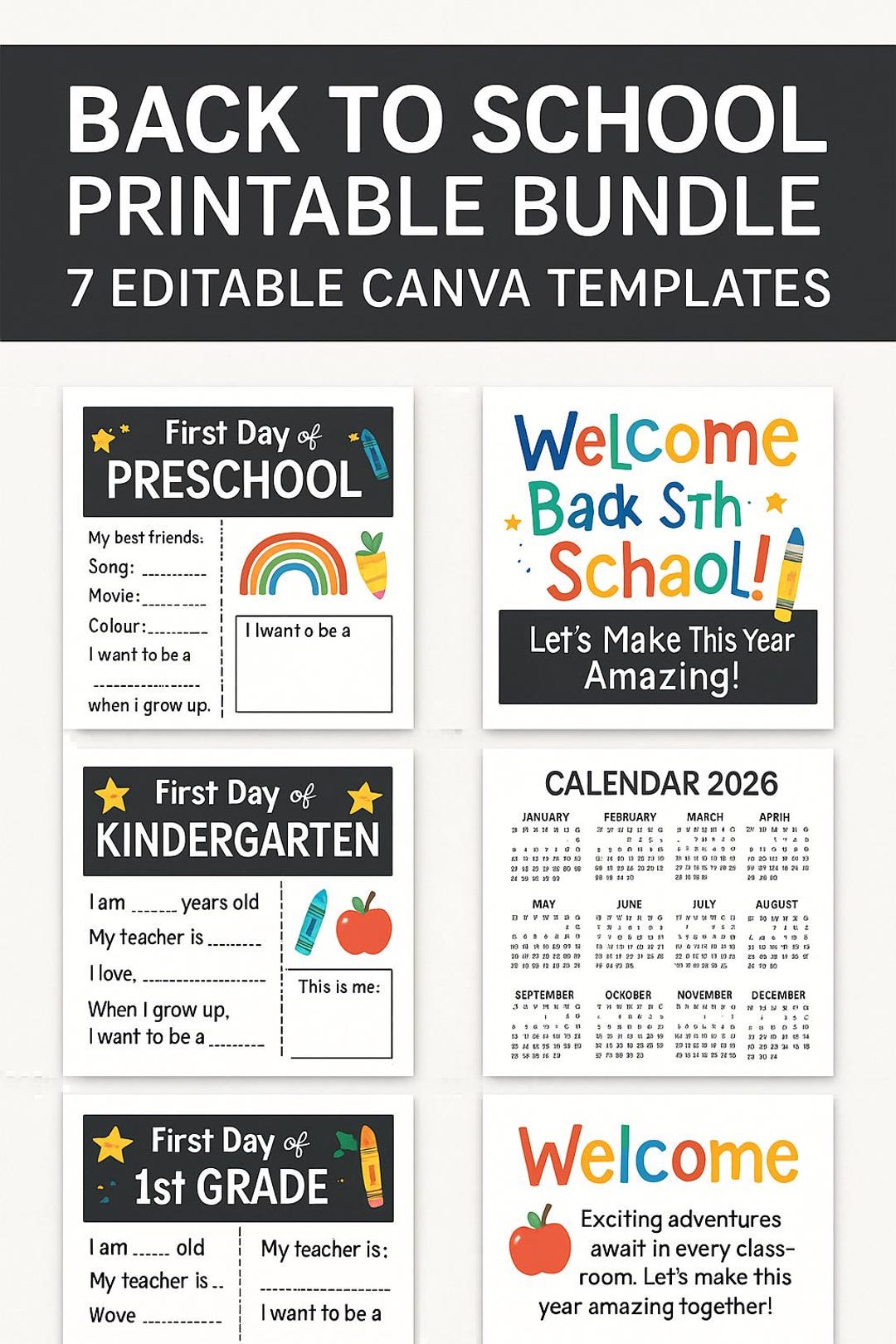 First Day of School Printable Bundle – Canva Templates (8.5x11) - Etsy