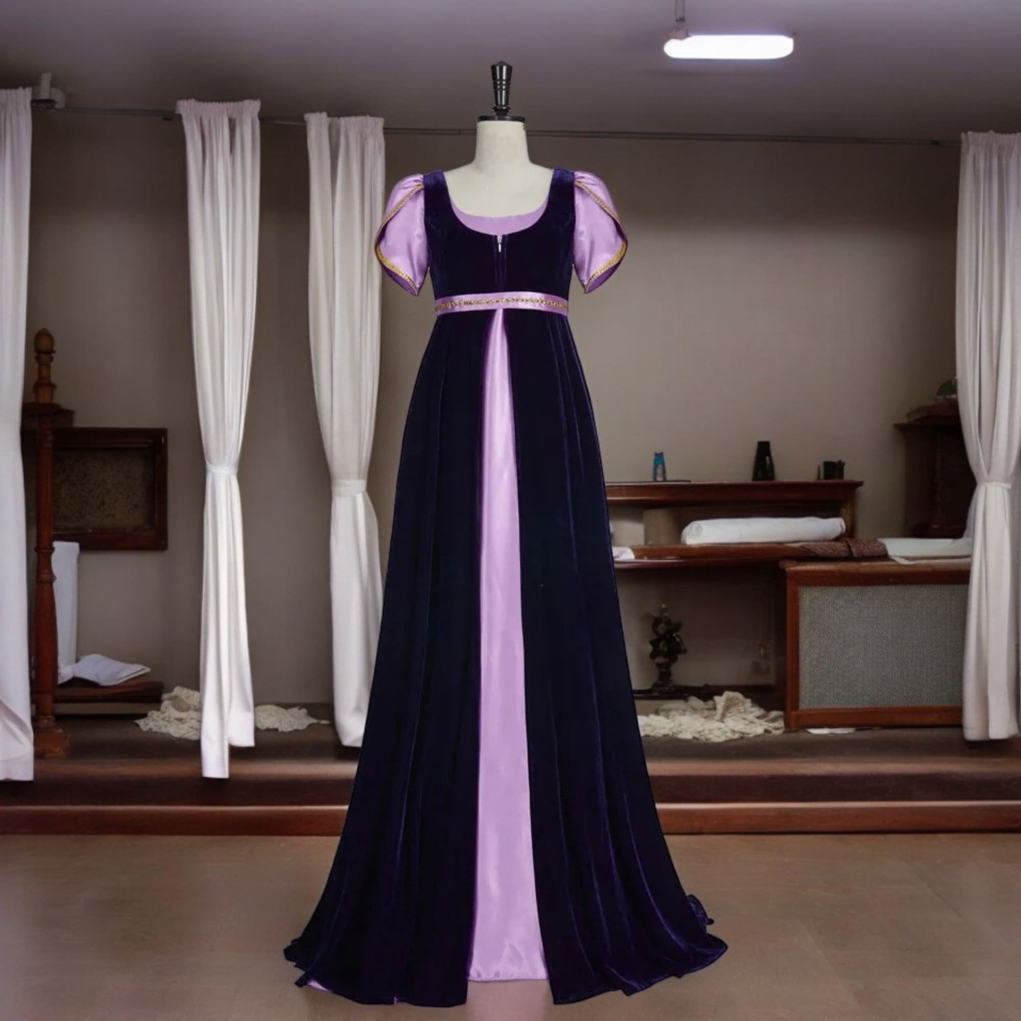 Elegant Regency Era Gown, Purple Velvet Empire Waist Dress, Historical ...
