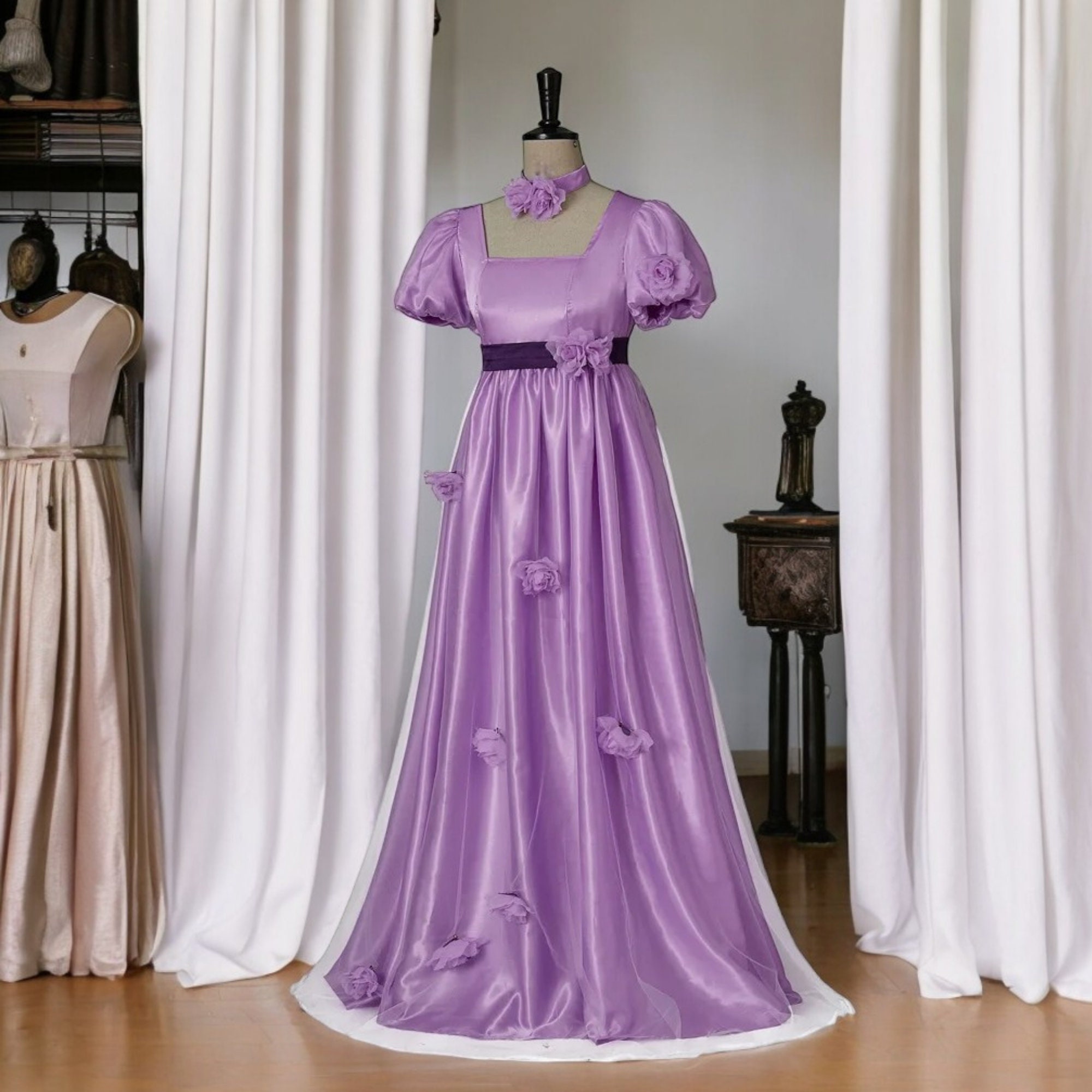 Lilac Regency Empire Waist Dress, Puff Sleeve Floral Period Costume ...