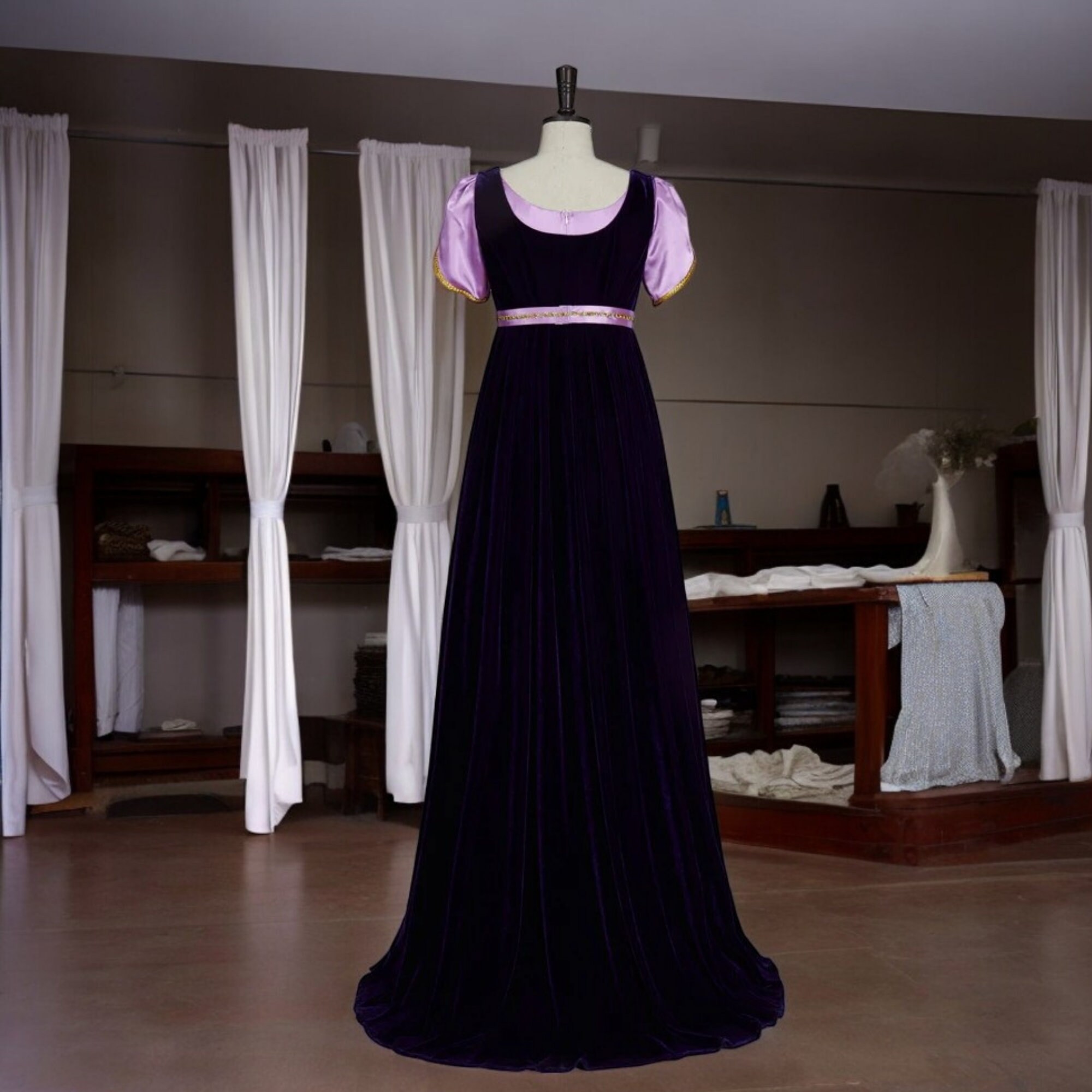 Elegant Regency Era Gown, Purple Velvet Empire Waist Dress, Historical ...