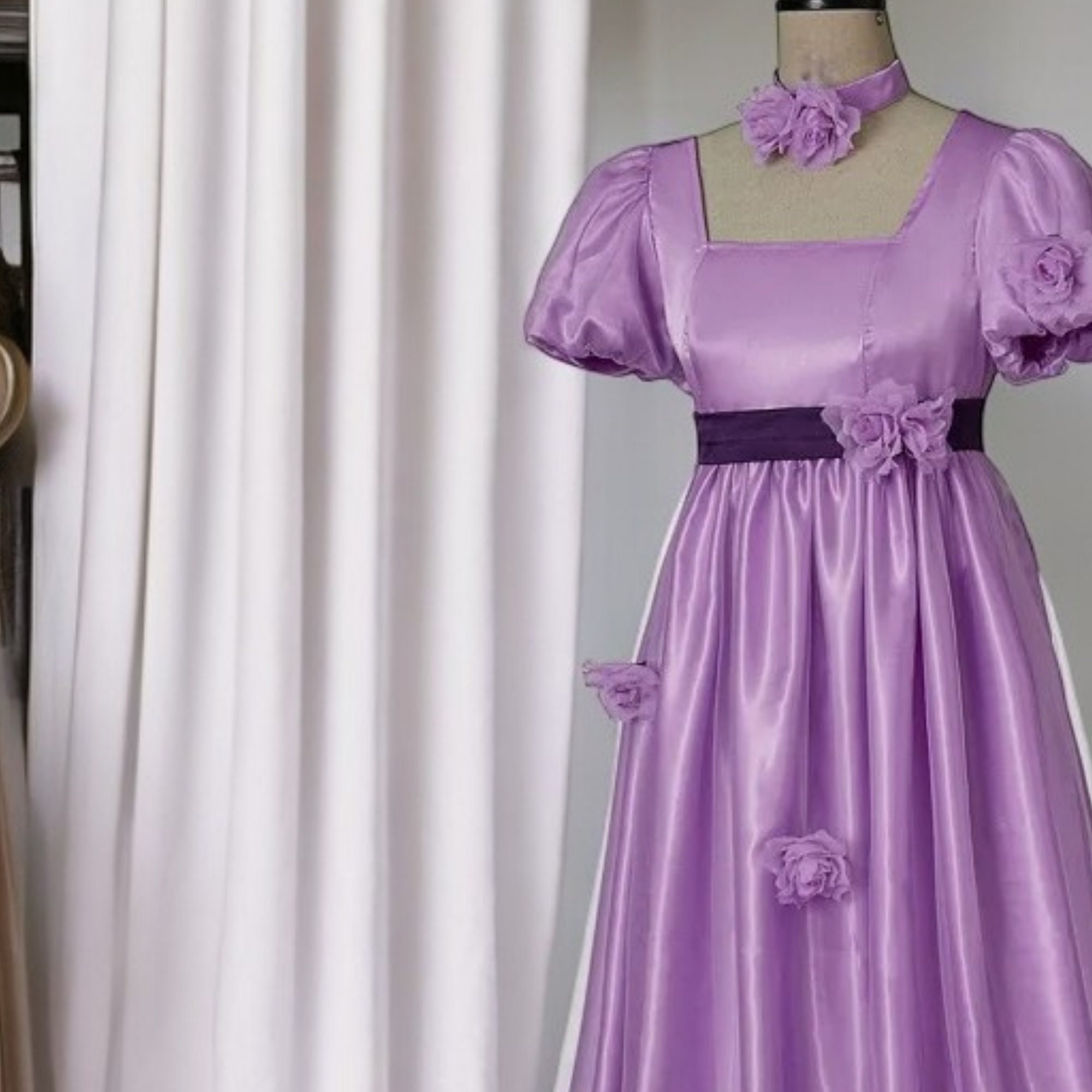 Lilac Regency Empire Waist Dress, Puff Sleeve Floral Period Costume ...