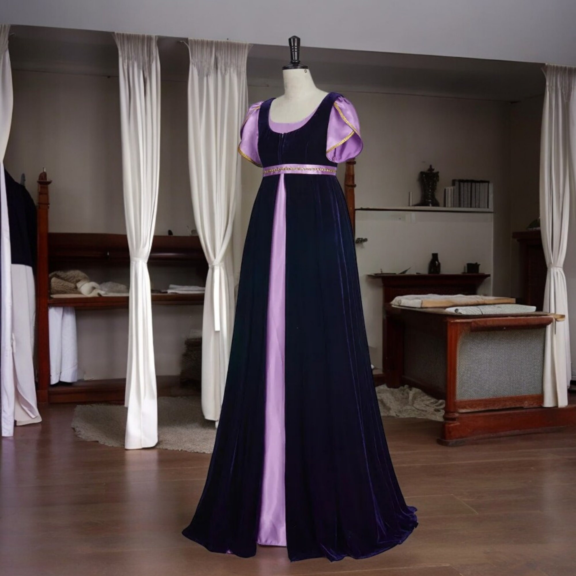 Elegant Regency Era Gown, Purple Velvet Empire Waist Dress, Historical ...