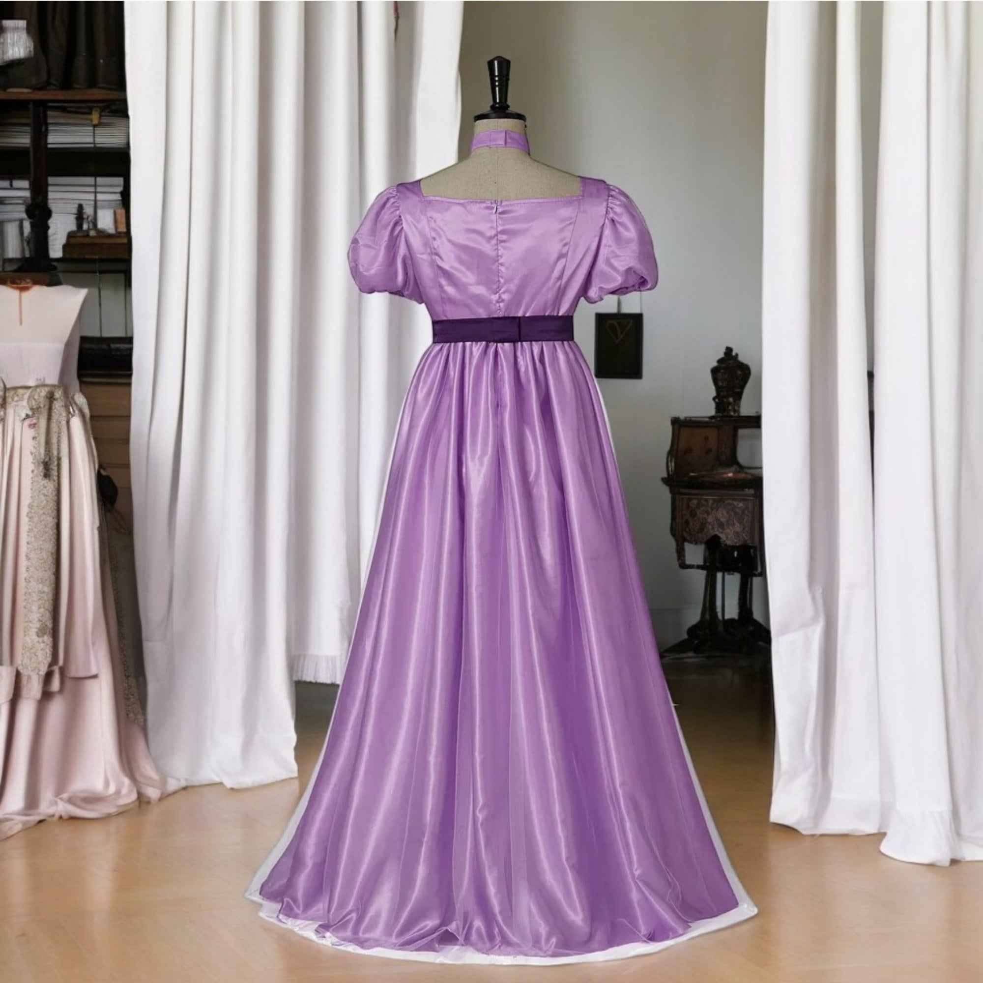 Lilac Regency Empire Waist Dress, Puff Sleeve Floral Period Costume ...