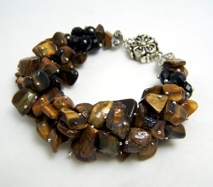 Gemstone Cluster Bracelet, Big Bold Chunky Beaded Bracelet, Tigereye ...