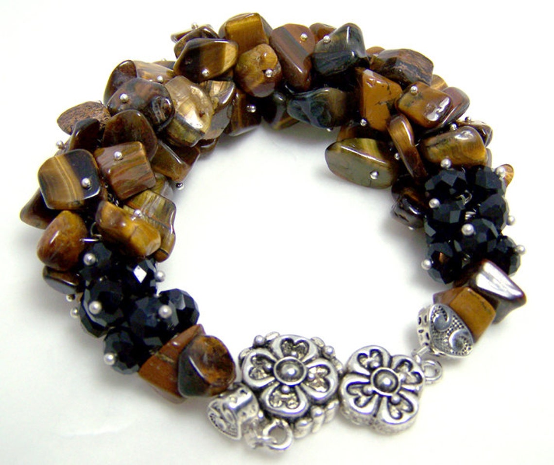 Gemstone Cluster Bracelet, Big Bold Chunky Beaded Bracelet, Tigereye ...