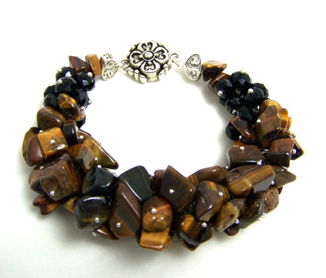 Gemstone Cluster Bracelet, Big Bold Chunky Beaded Bracelet, Tigereye ...