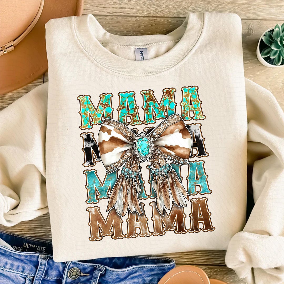 Retro Western Mama Png, Brown and Turquoise Cowhide Coquette Bow Png ...