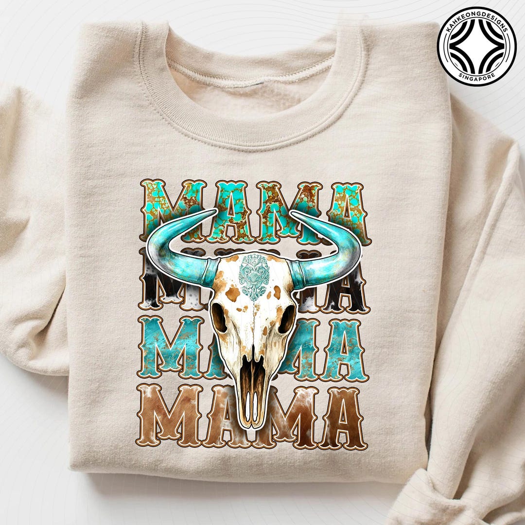 Retro Western Mama Png, Brown and Turquoise Cow Skull Png, Howdy Mom ...