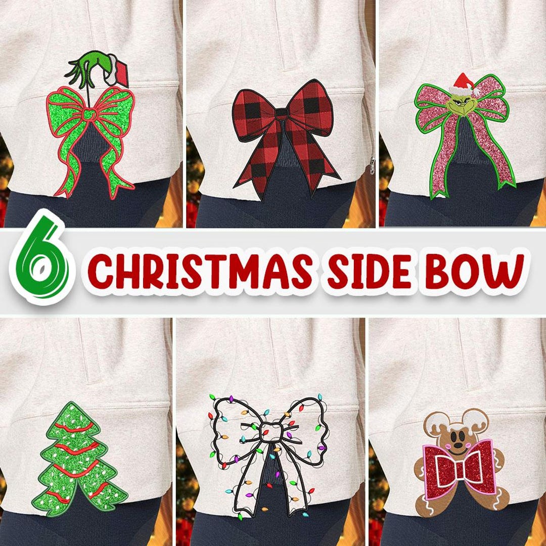 6 Bundle Christmas Side Bow Sparkle Coquette Side Bow Design, Christmas Machine Embroidery ...