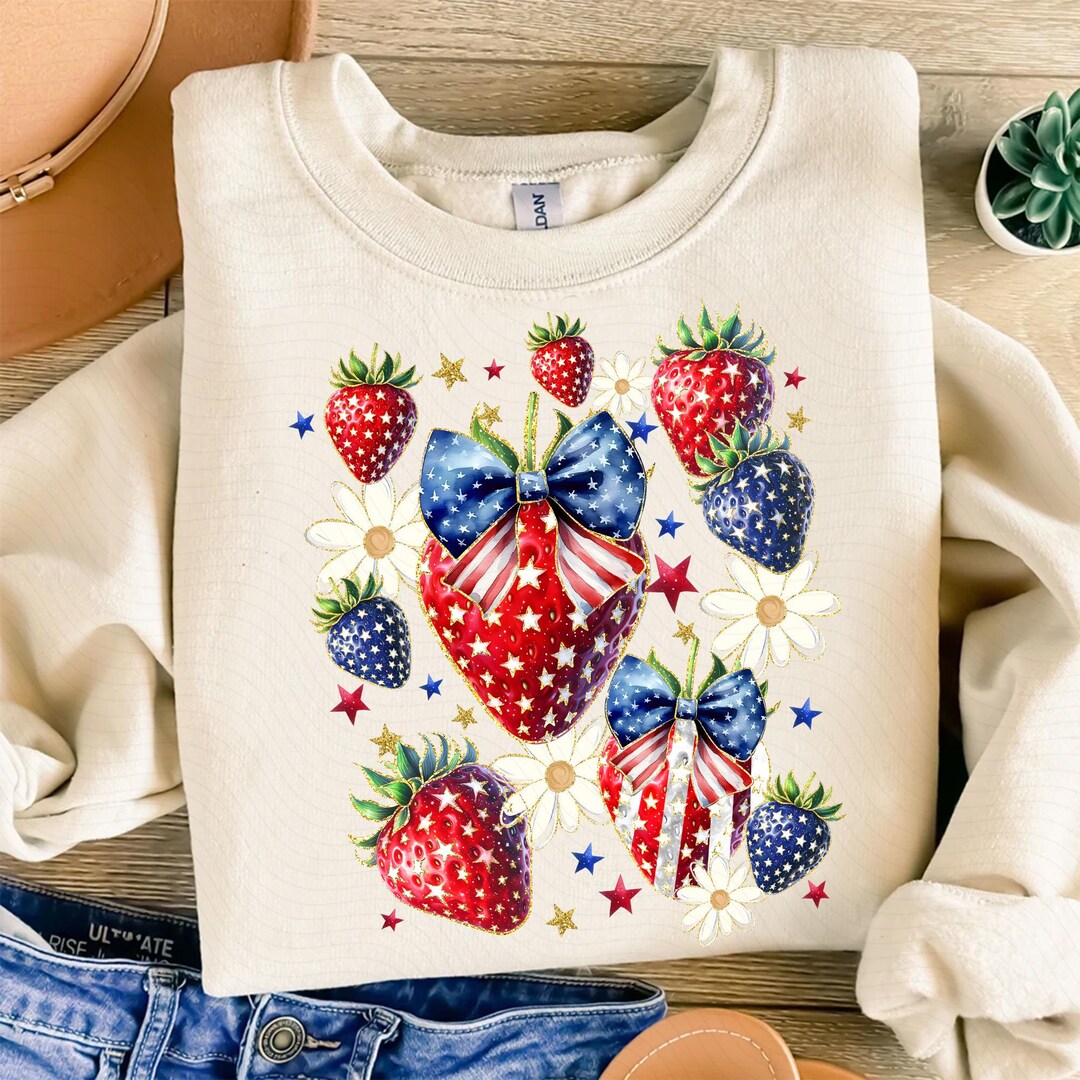 Boho 4th of July Strawberry Png, Patriotic Bow Sublimation Design ...