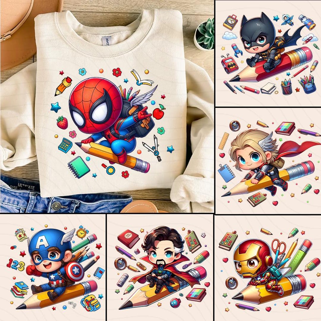 6 Cartoon Superhero Back to School Png Bundle, Funny Cartoon Png ...