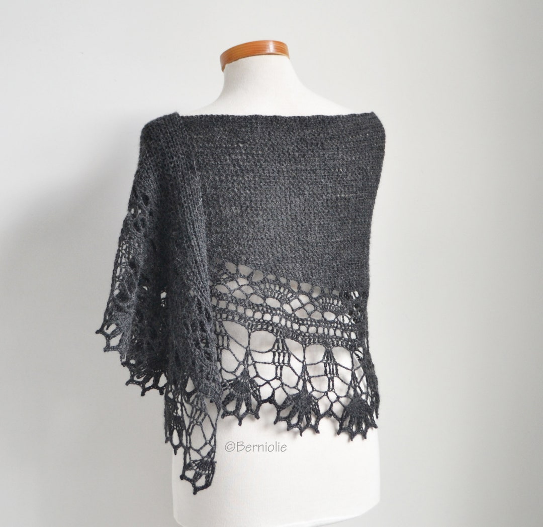 Lace Crochet Shawl, Crescent Shaped Shawl, Dark Gray, Anthracite ...