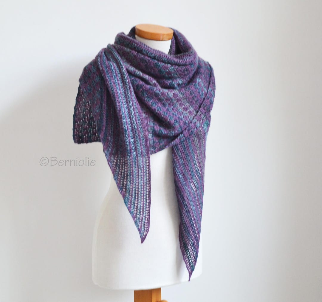 Crochet Triangle Shawl, Merino Alpaca Wool Blend, Teal Purple Blue ...