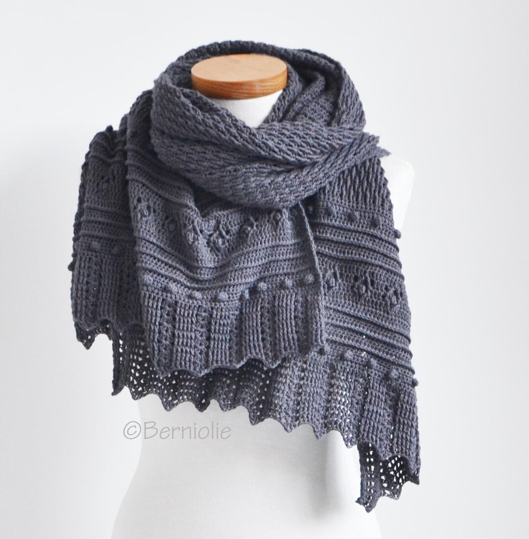 Textured Crochet Shawl, Rectangular Shaped, Cotton Blend, Dark Gray ...