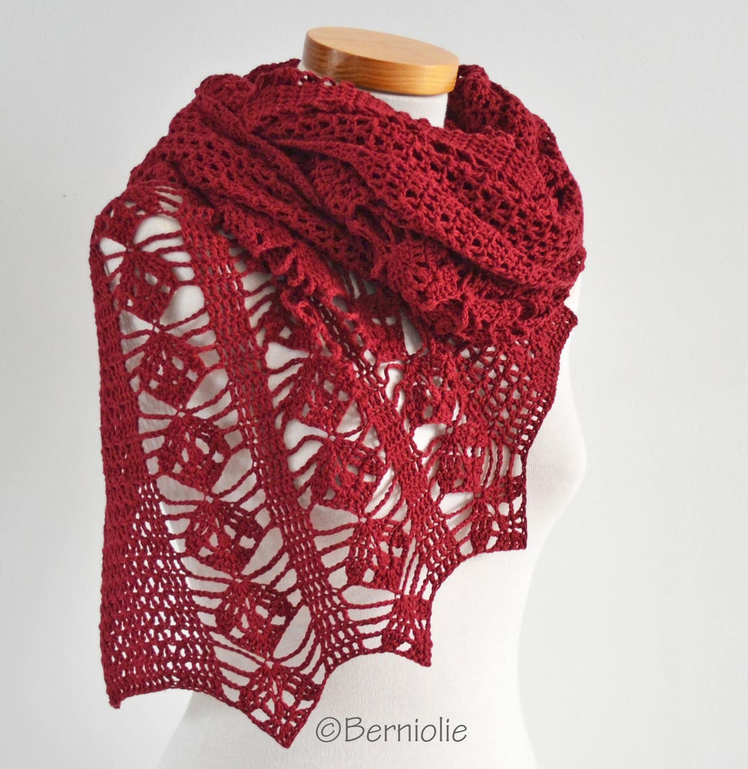 Crochet Shawl, Lace Crochet Wrap, Rectangle Shawl, Red, Dark Red, Wine ...