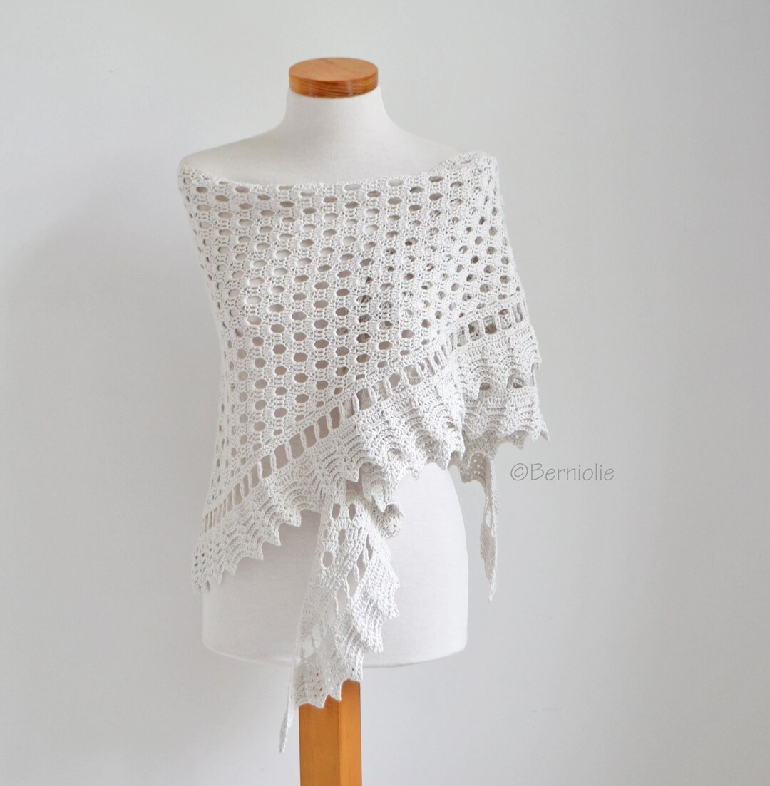 Lace Crochet Shawl, Light Silver Gray Organic Cotton, Crescent Shape ...