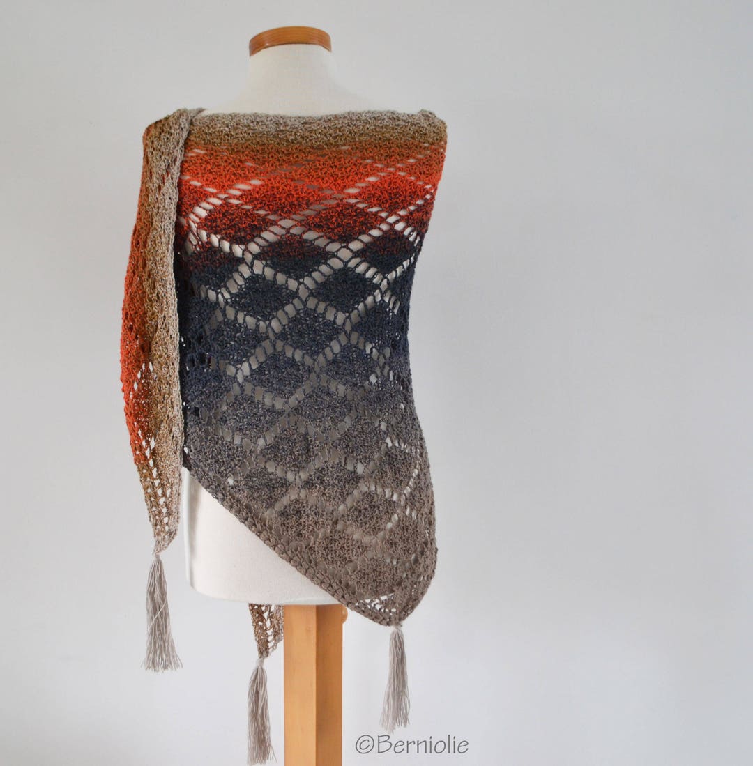 Lace Crochet Shawl, Triangular, Blue Orange Shawl, Triangular Scarf ...