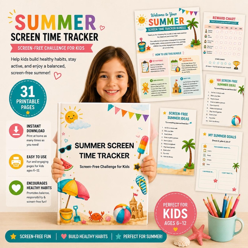 Summer Screen Time Tracker Bundle for Kids Ages 6-12 (digital Download ...