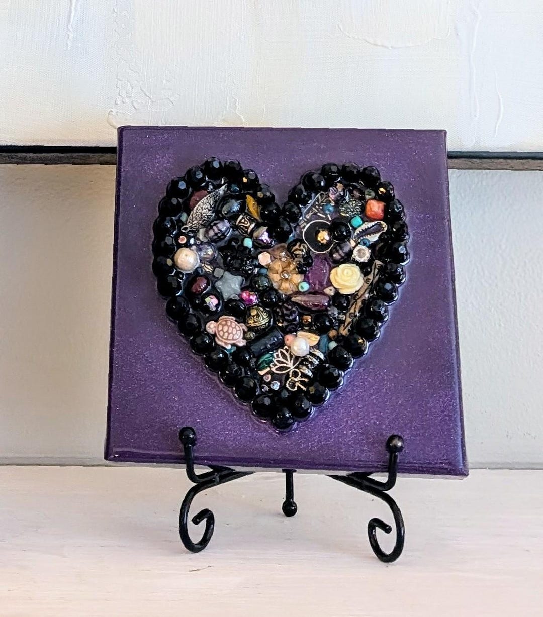 Purple, Heart on Canvas. Mixed-media, Bead, Collage Art. Romantic Gift ...