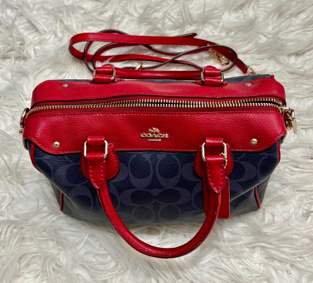 Coach - Rowan - Blue Signature Logo Monogram With Red Leather Accent ...