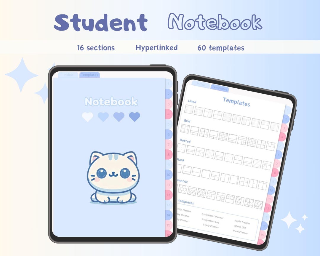 Digital Undated Notebook, Blue & Pink Theme, Cute Digital Notebook ...