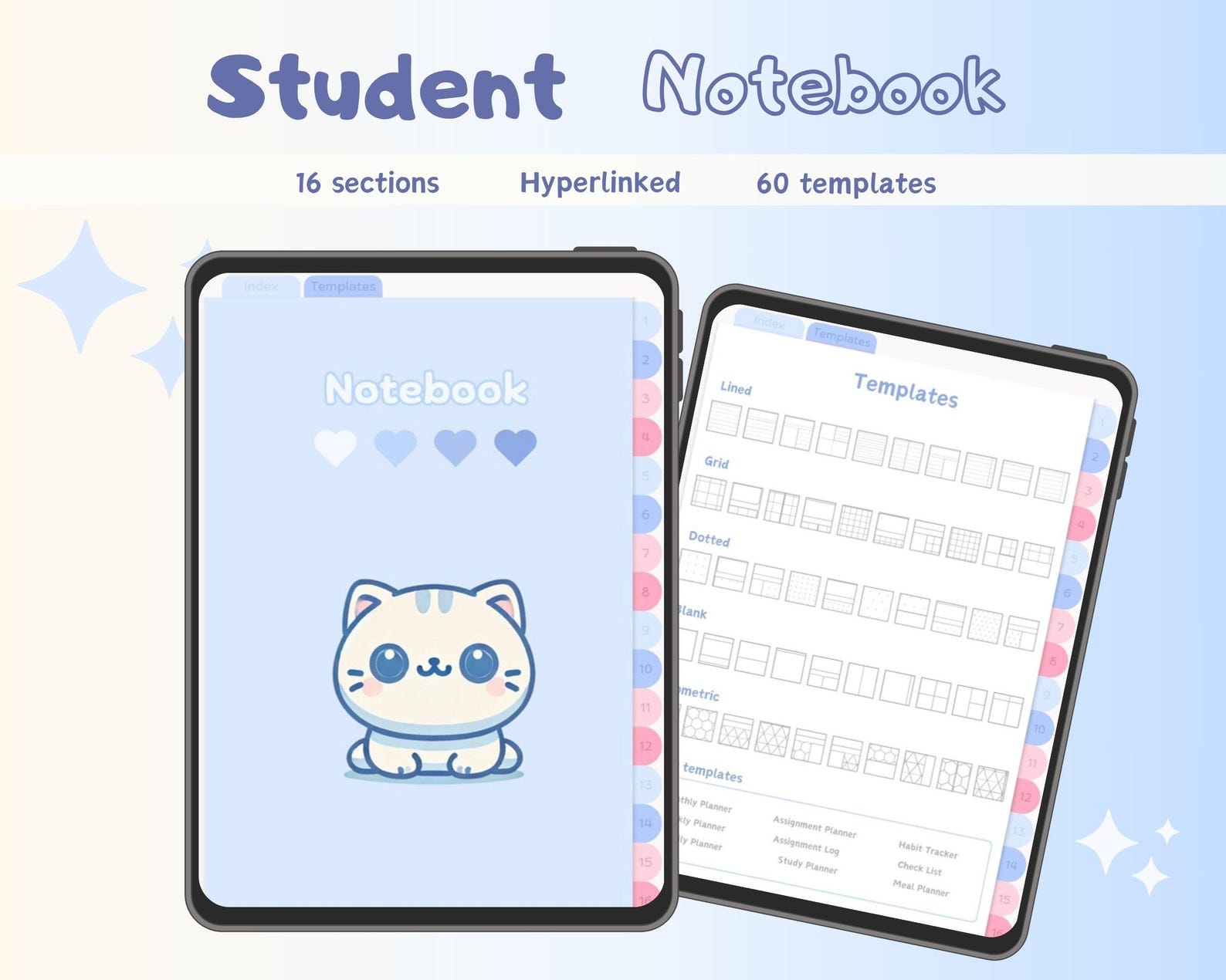 Digital Undated Notebook, Blue & Pink Theme, Cute Digital Notebook ...