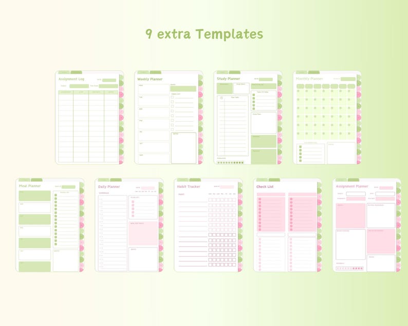 Digital Undated Notebook, Green & Pink Theme, Cute Digital Notebook ...