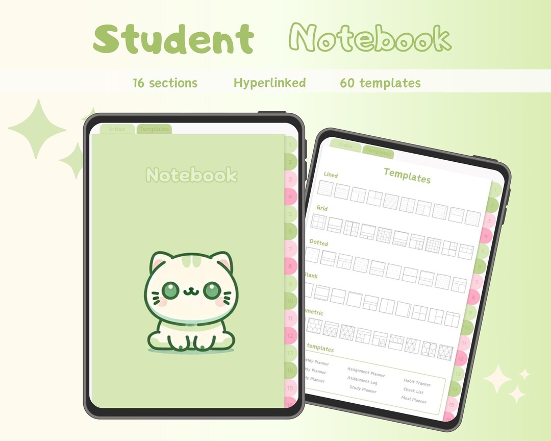 Digital Undated Notebook, Green & Pink Theme, Cute Digital Notebook ...