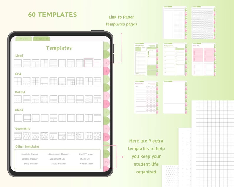 Digital Undated Notebook, Green & Pink Theme, Cute Digital Notebook ...