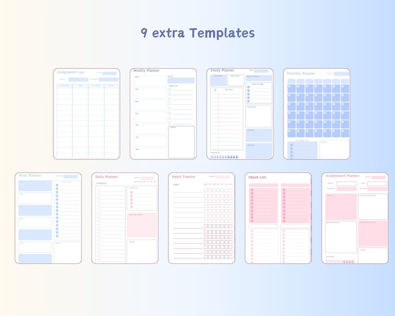 Digital Undated Notebook, Blue & Pink Theme, Cute Digital Notebook ...