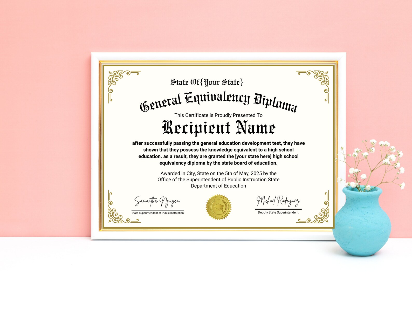 Printable GED Diploma Template, High School Diploma, School Equivalency ...