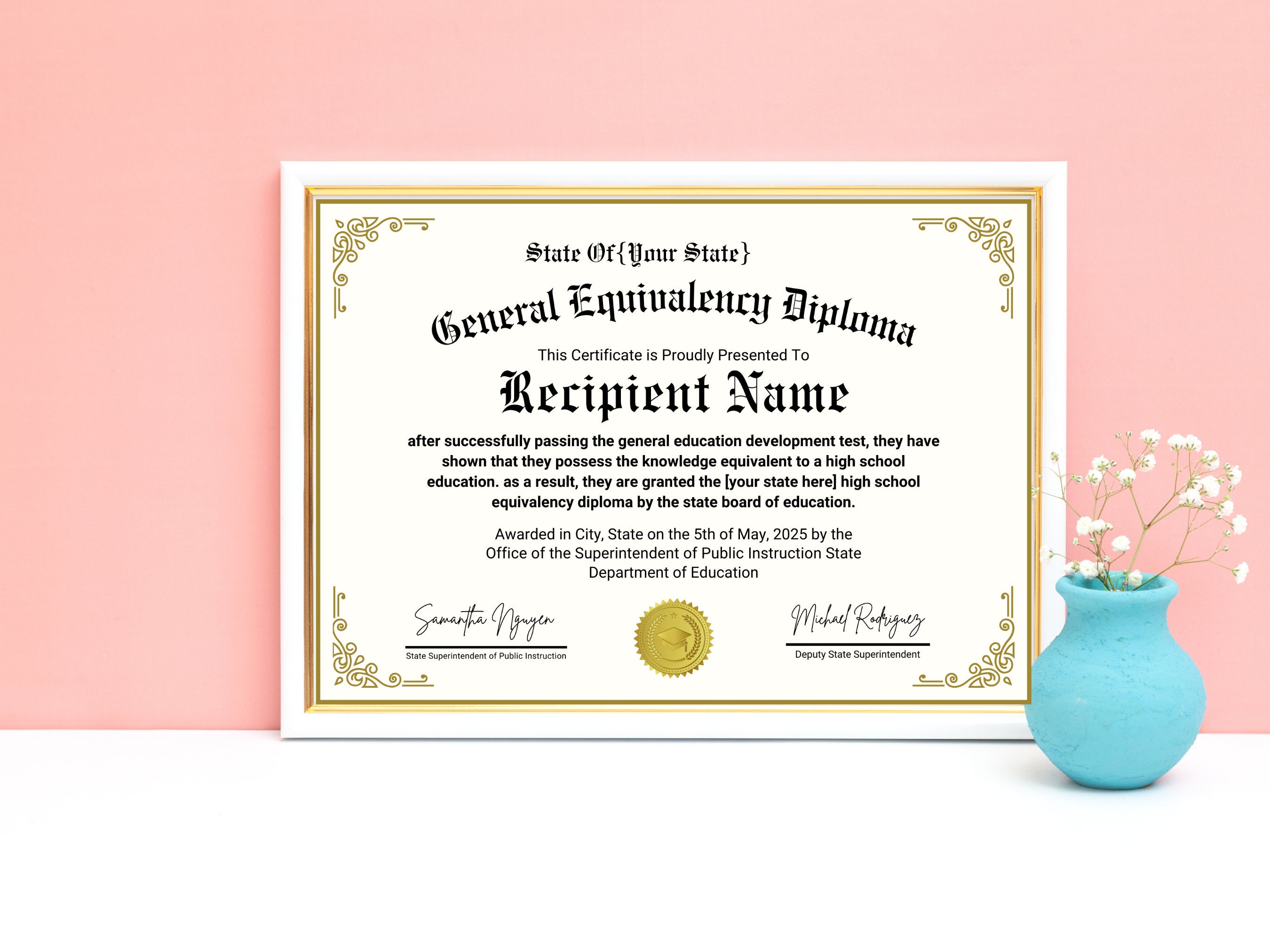 Printable GED Diploma Template, High School Diploma, School Equivalency ...