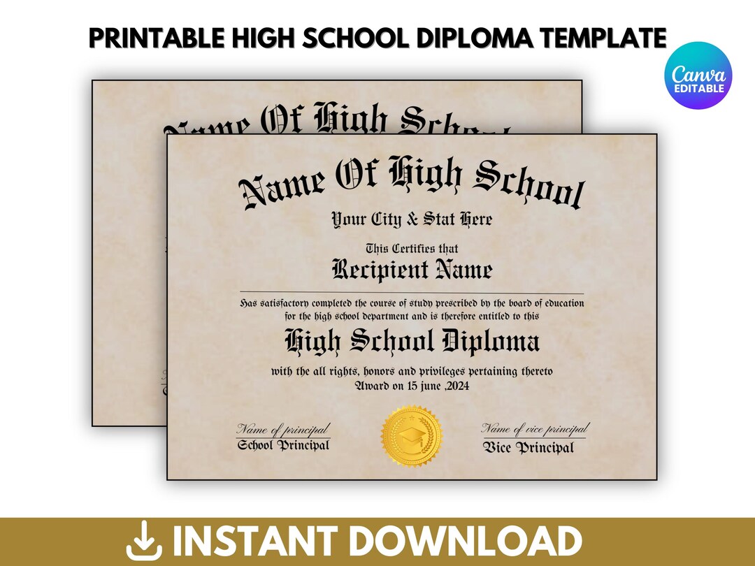 Editable High School Diploma Template, Diploma Replica Template, High ...
