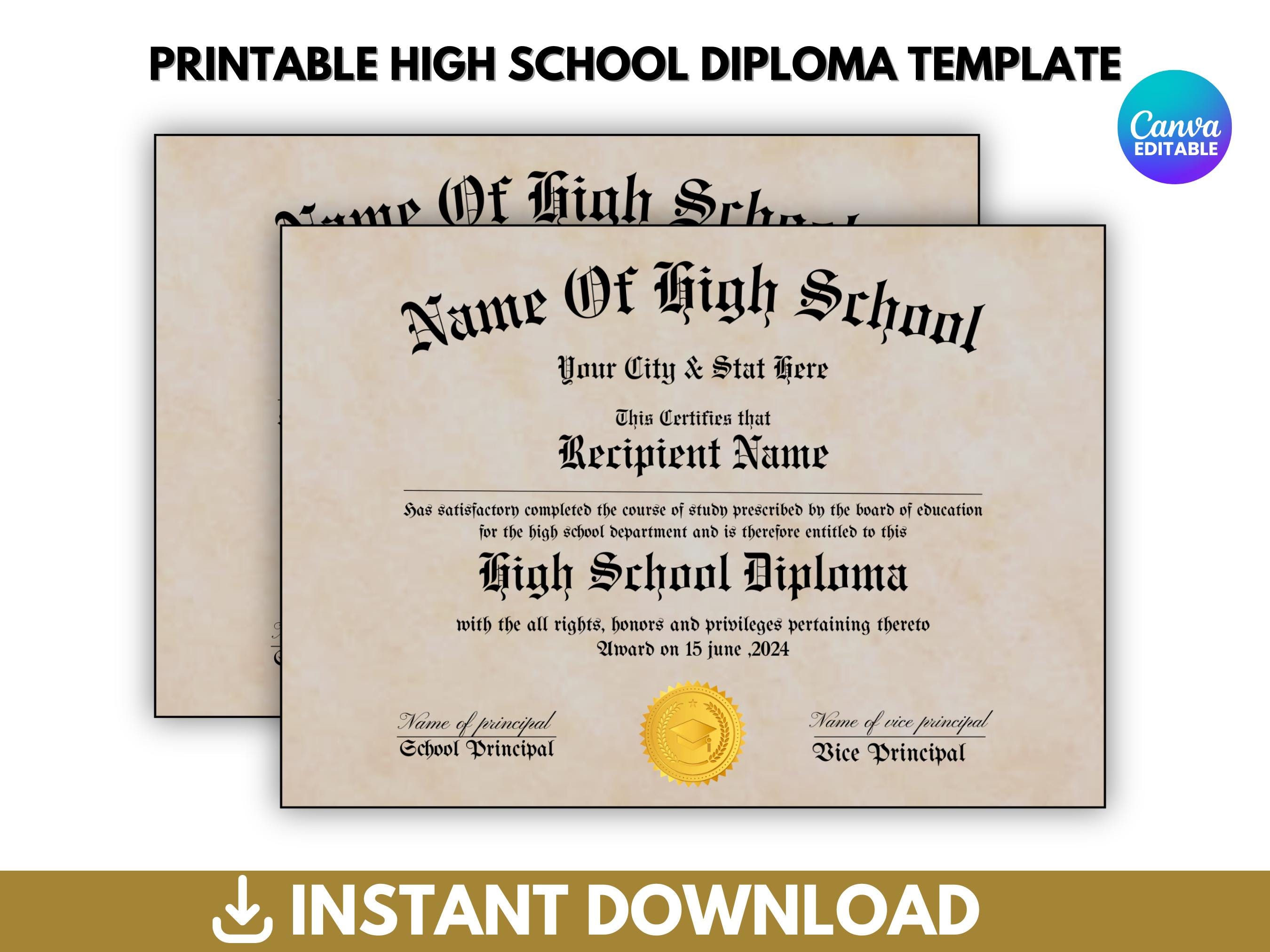 Editable High School Diploma Template, Diploma Replica Template, High ...