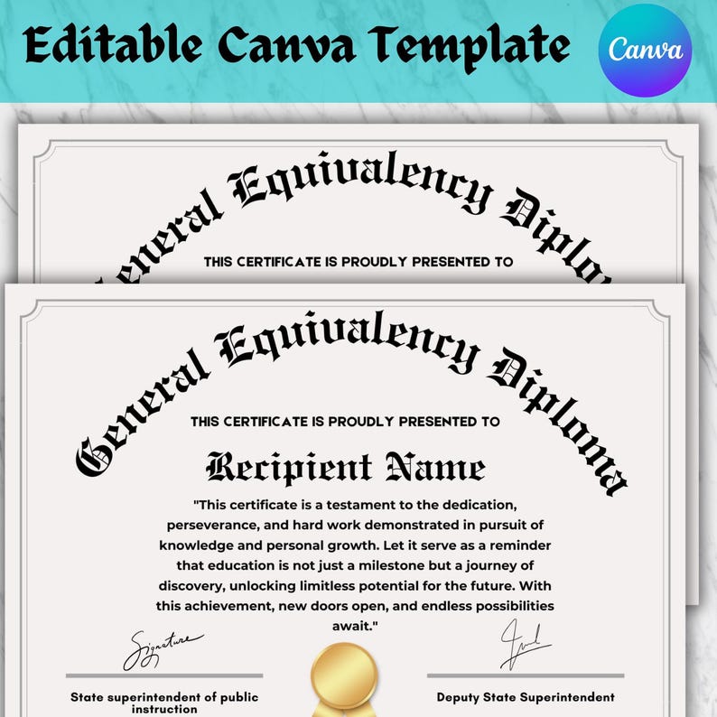 Printable GED Diploma Template, High School Diploma, School Equivalency ...