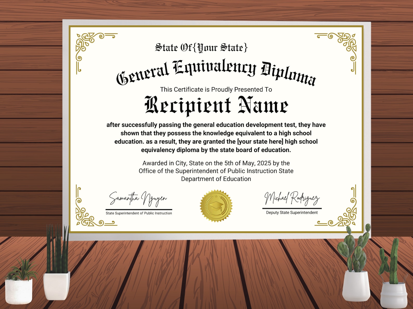 Printable GED Diploma Template, High School Diploma, School Equivalency ...