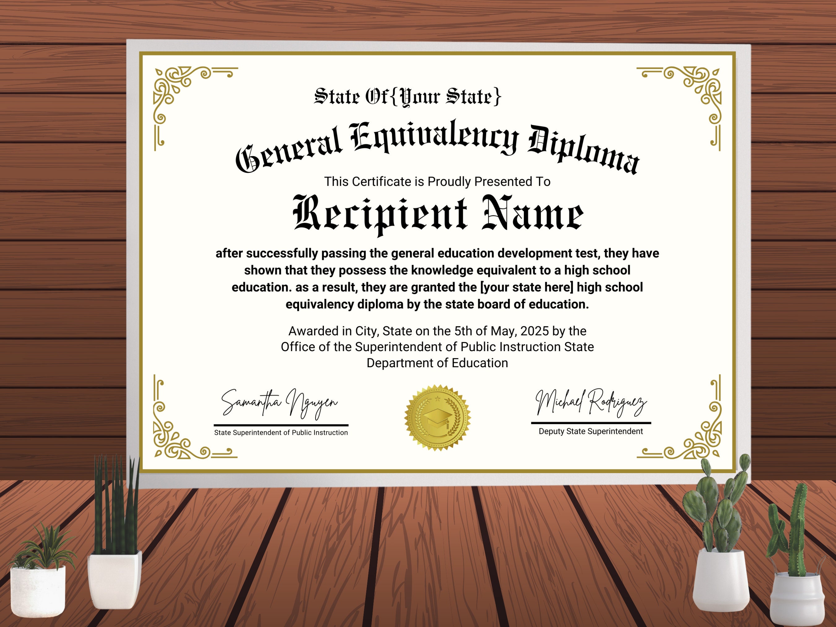 Printable GED Diploma Template, High School Diploma, School Equivalency ...