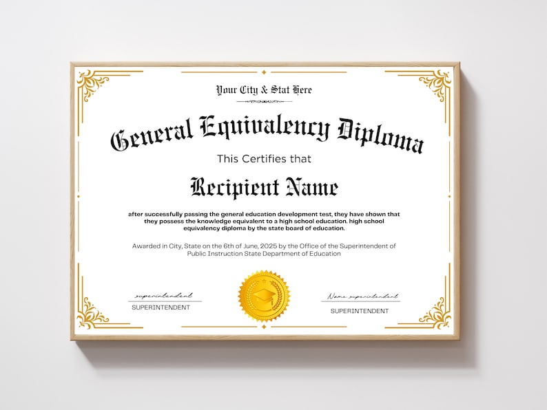 Printable GED Diploma Template, High School Diploma, School Equivalency ...