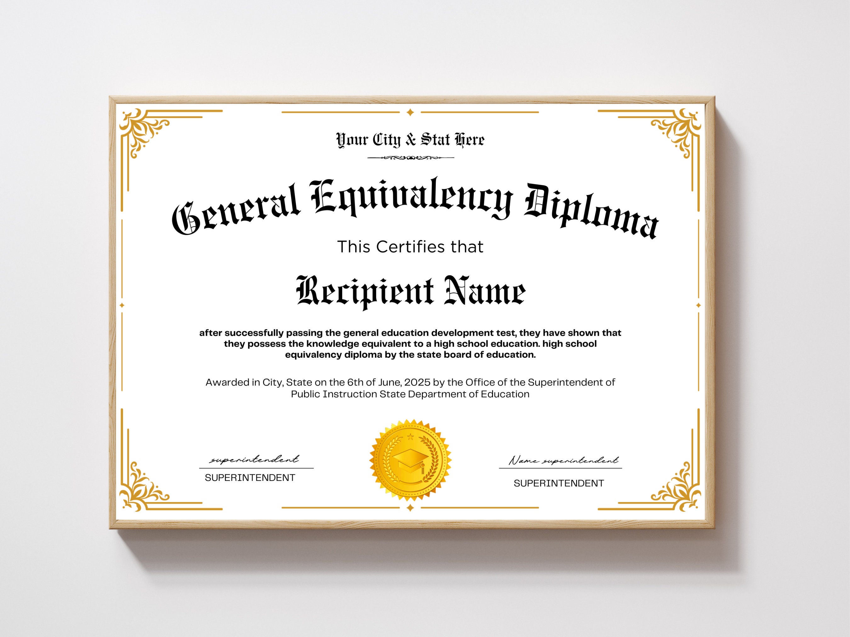 Printable GED Diploma Template, High School Diploma, School Equivalency ...