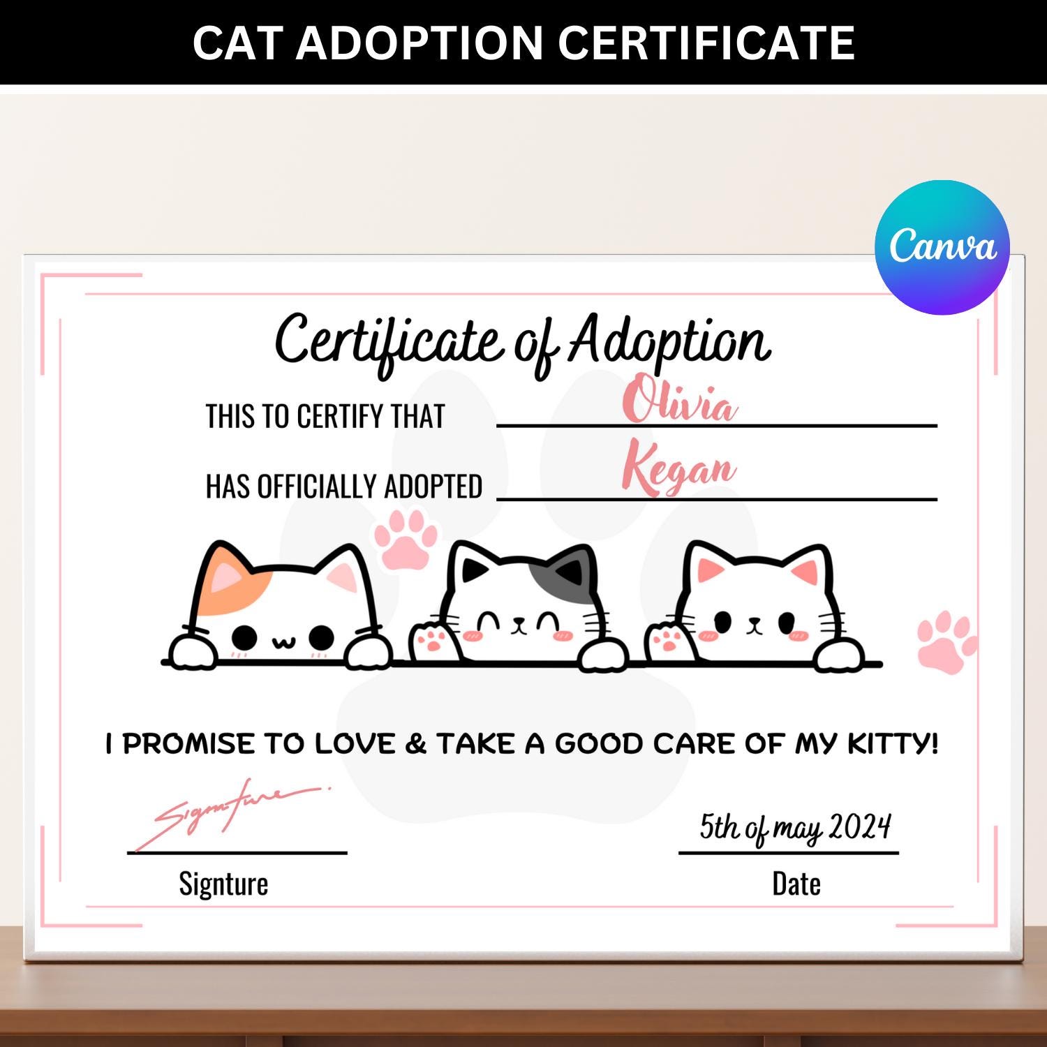 Editable Cat Adoption Certificate Template, Kitty Cat Pet Birthday ...