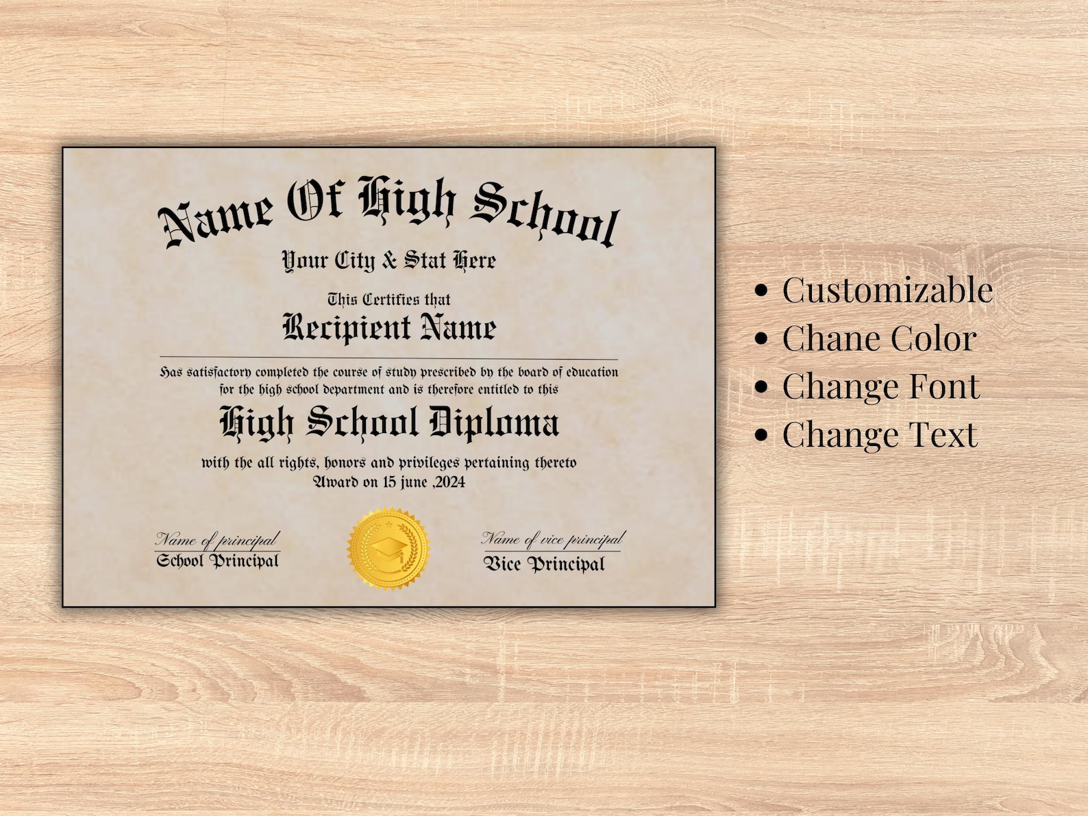 Editable High School Diploma Template, Diploma Replica Template, High ...
