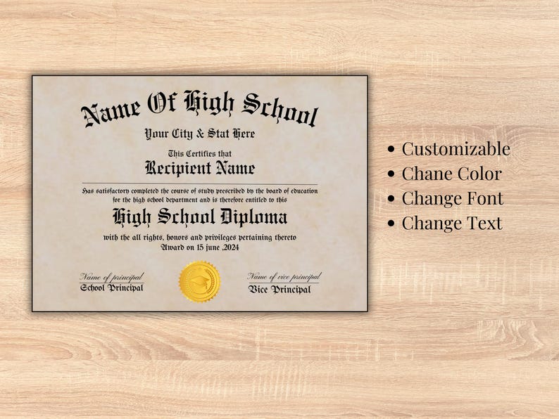Editable High School Diploma Template, Diploma Replica Template, High ...