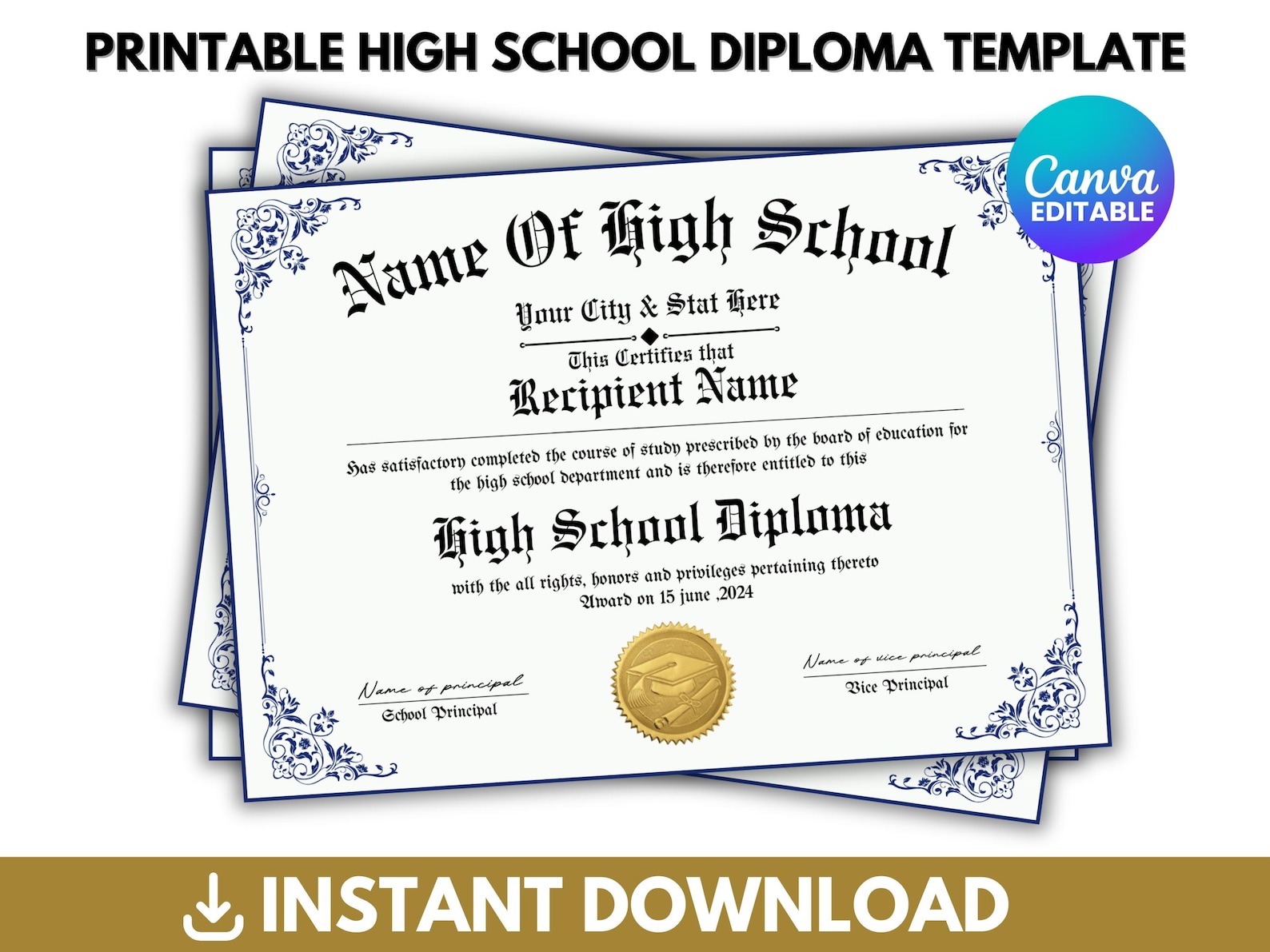 Printable High School Diploma Template, Homeschool Diploma Template ...